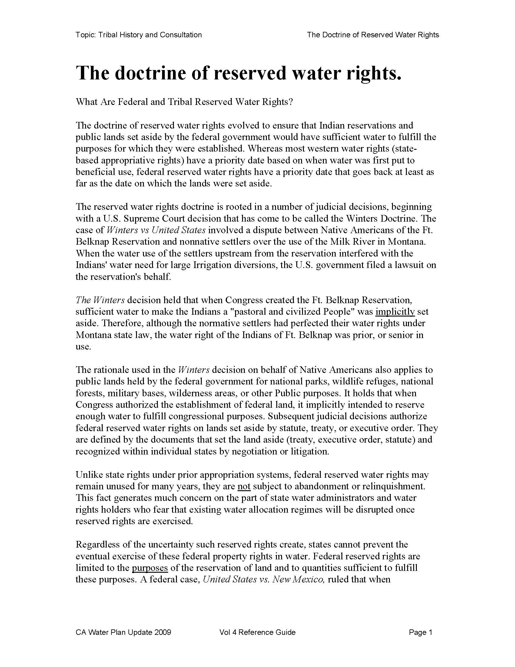 The doctrine of reserved water rights. What are federal and tribal ...