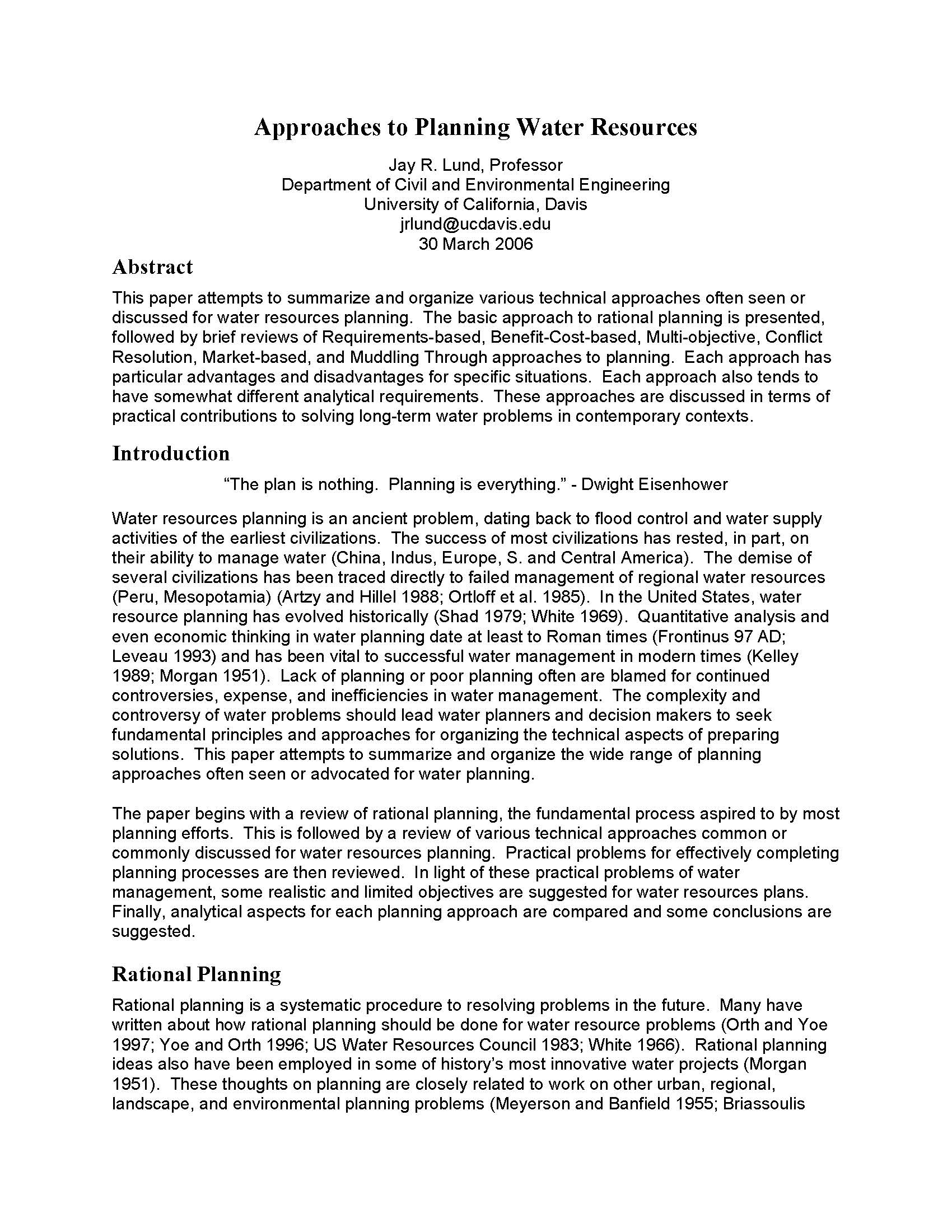 Approaches to Planning Water Resources – California Water Library