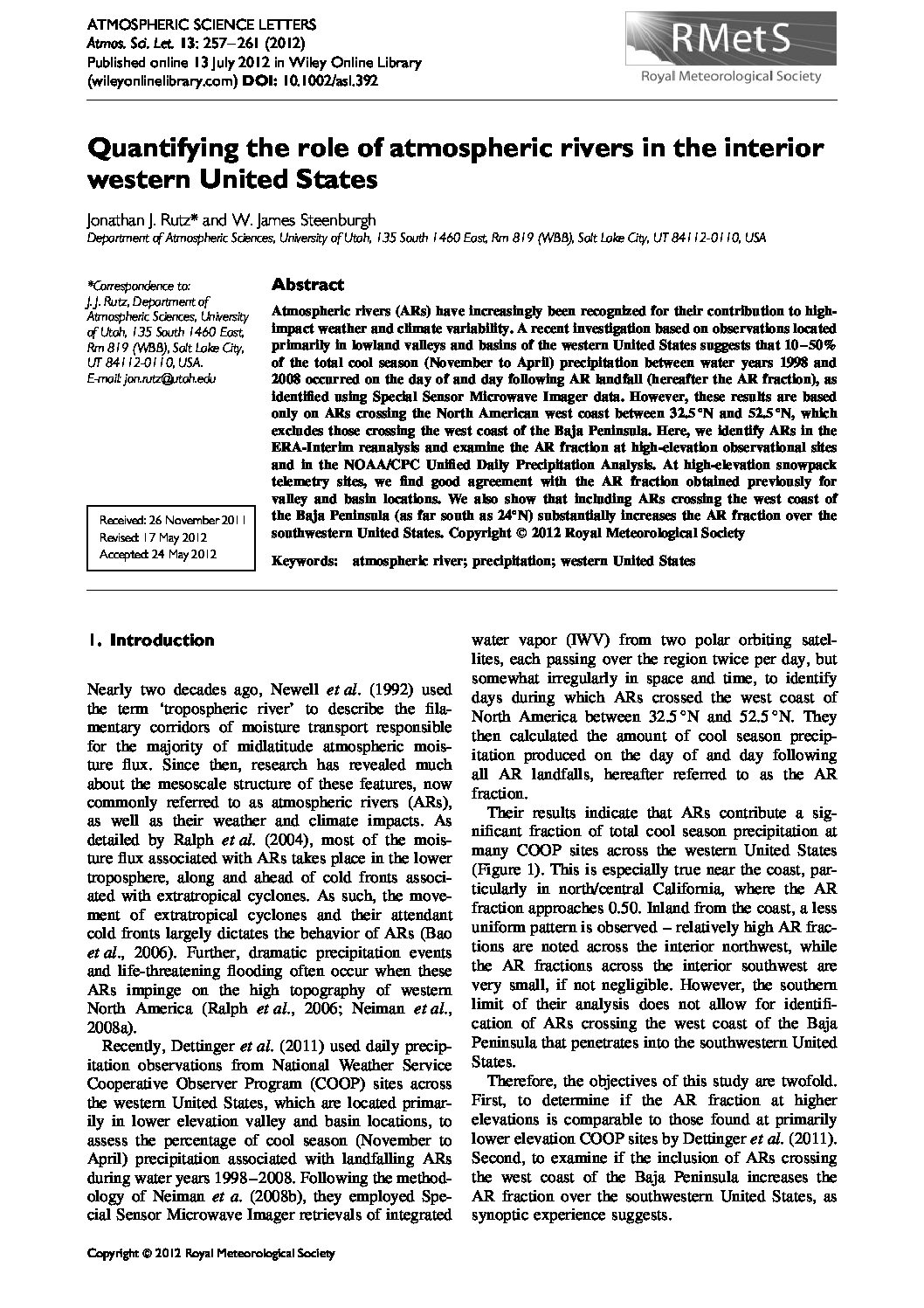 Quantifying the role of atmospheric rivers in the interior western ...