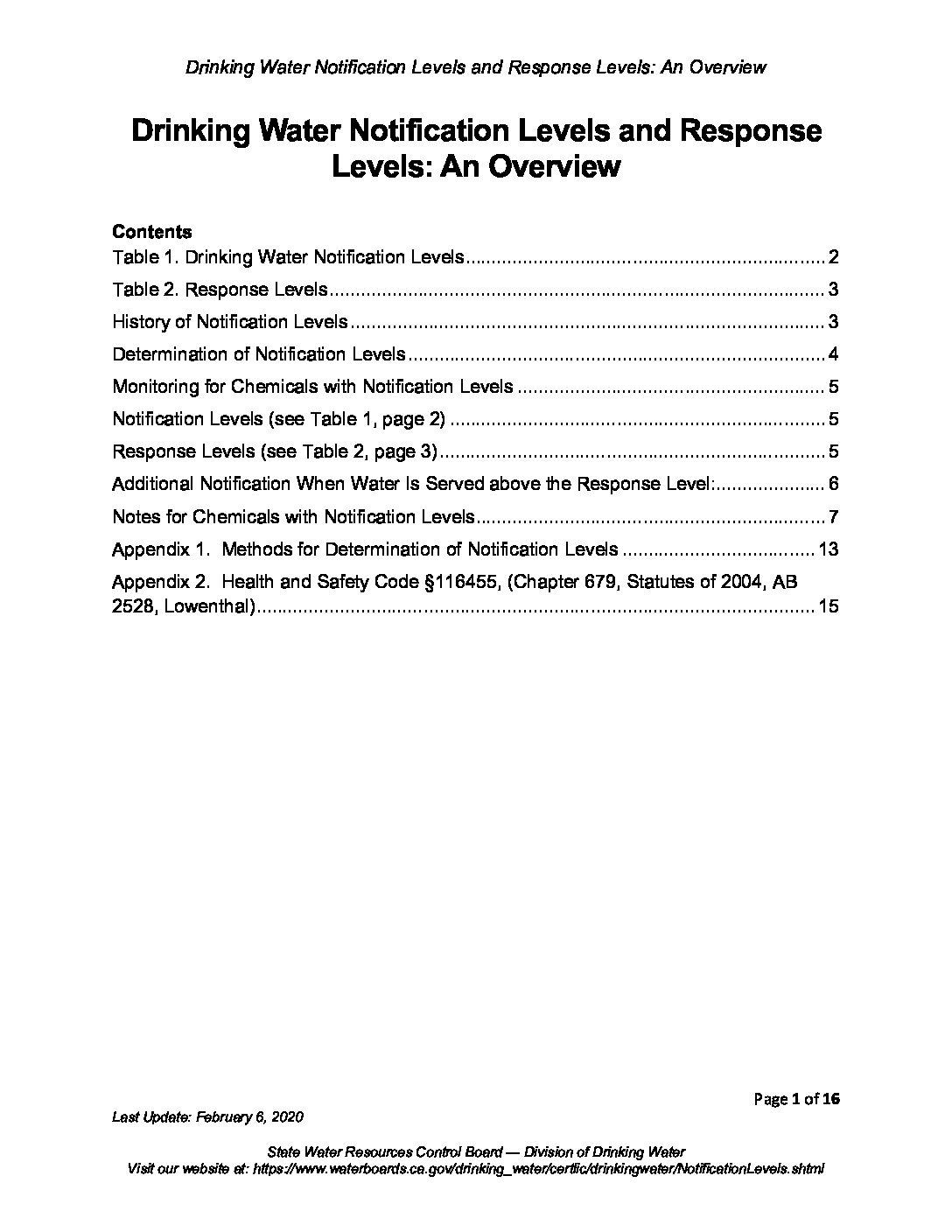Drinking Water Notification Levels and Response Levels: An Overview ...