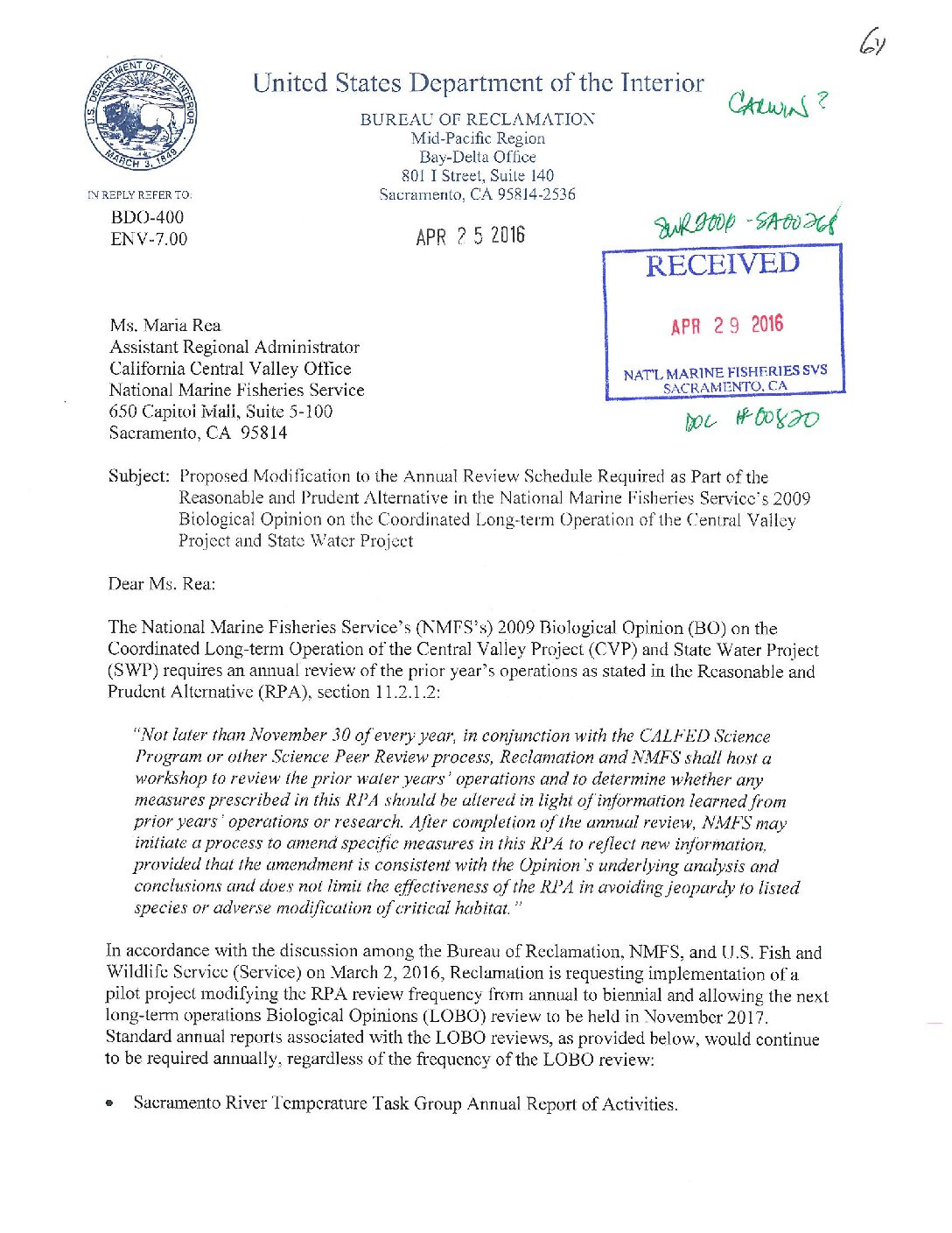 Letter from U.S. Bureau of Reclamation: Proposed Modification to the ...