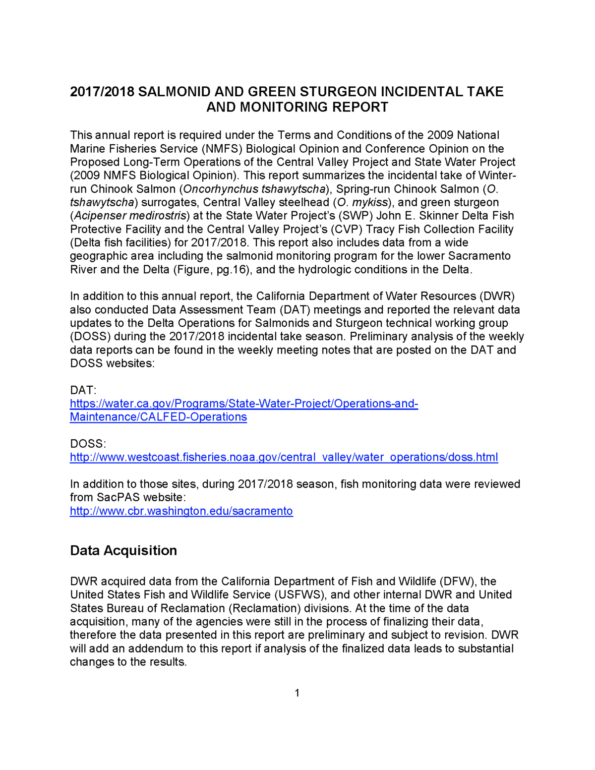 2017/2018 Salmonid and Green Sturgeon Incidental Take and Monitoring ...