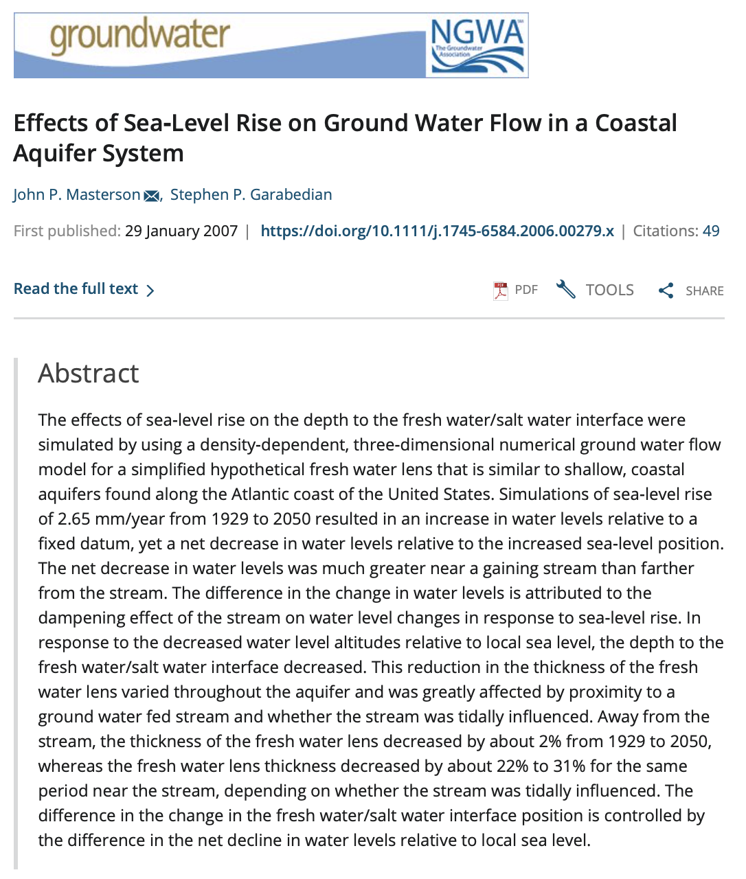 Effects of Sea‐Level Rise on Ground Water Flow in a Coastal Aquifer ...